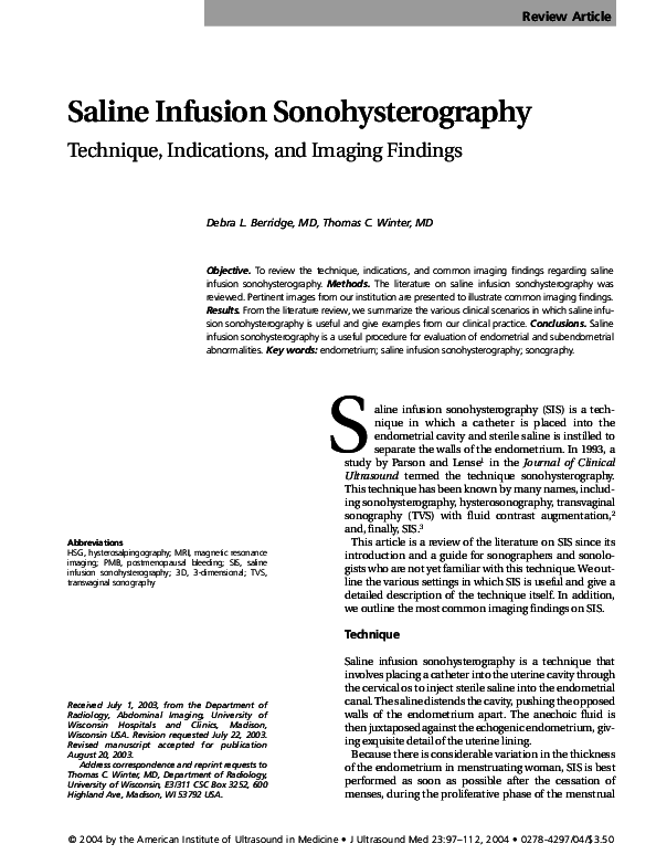 (PDF) Saline Infusion Sonohysterography Technique, Indications, and ...