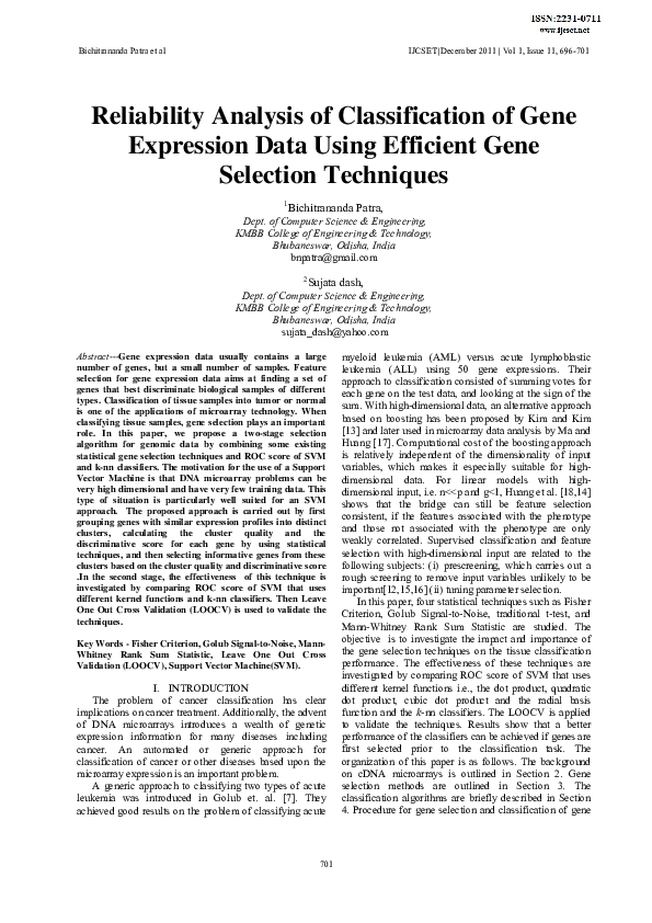 Pdf Reliability Analysis Of Classification Of Gene Expression Data Using Efficient Gene