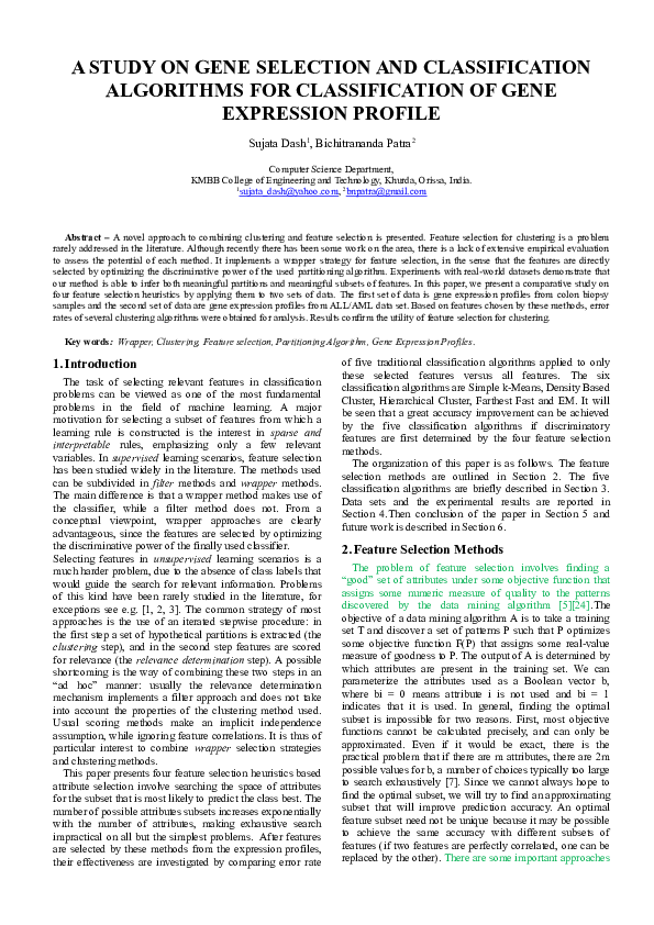 (DOC) A STUDY ON GENE SELECTION AND CLASSIFICATION ALGORITHMS FOR CLASSIFICATION OF GENE ...