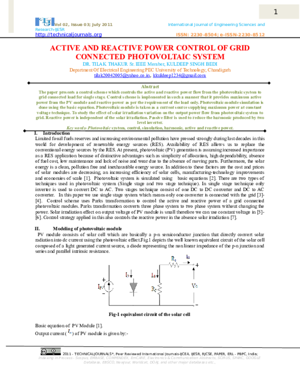 (DOC) ACTIVE AND REACTIVE POWER CONTROL OF GRID CONNECTED PHOTOVOLTAIC SYSTEM