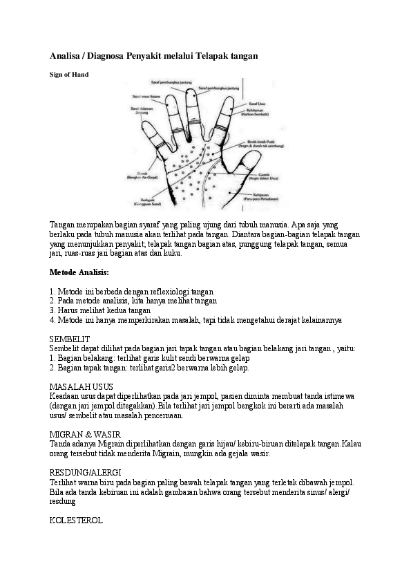 Analisa / Diagnosa Penyakit melalui Telapak tangan Sign of Hand