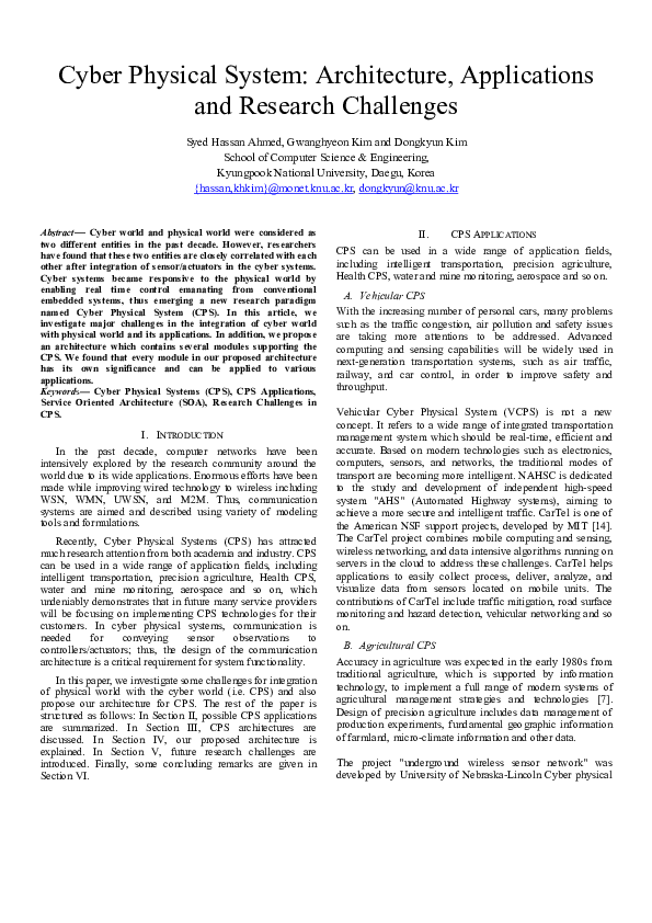 (PDF) Cyber Physical System: Architecture, Applications and Research Challenges