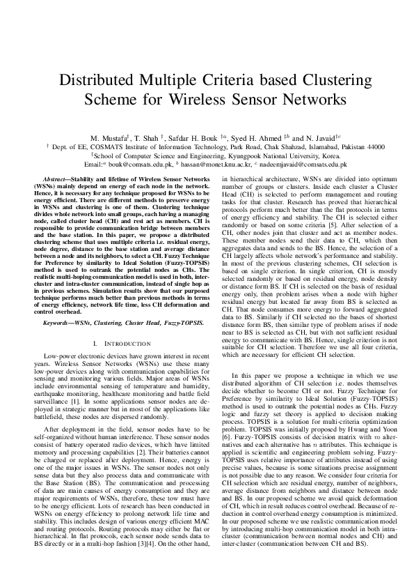 Pdf Distributed Multiple Criteria Based Clustering Scheme For Wireless Sensor Networks