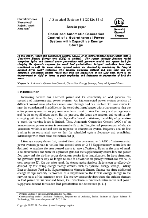 Pdf Optimised Automatic Generation Control Of A Hydrothermal Power System With Capacitive