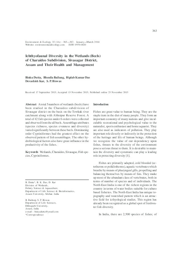 (PDF) Ichthyofaunal Diversity in the Wetlands (Beels) of Charaideo ...