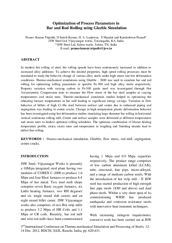 (PDF) Optimization of Process Parameters in Bar and Rod Rolling using Gleeble Simulation