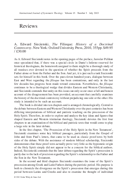(PDF) Review of A. Edward Siecienski, The Filioque: History of a ...