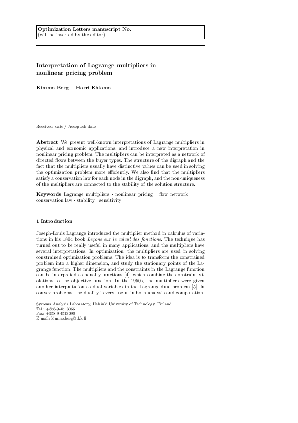 (PDF) Interpretation of Lagrange multipliers in nonlinear pricing problem