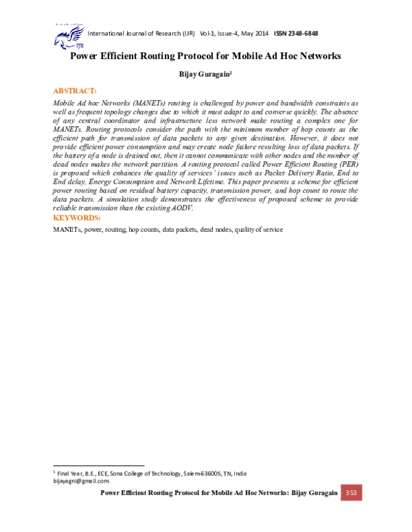 Pdf Power Efficient Routing Protocol For Mobile Ad Hoc Networks