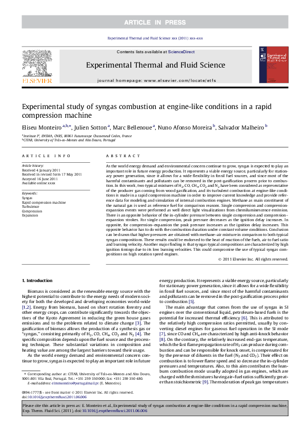 Experimental study of syngas combustion at engine-like conditions in a ...