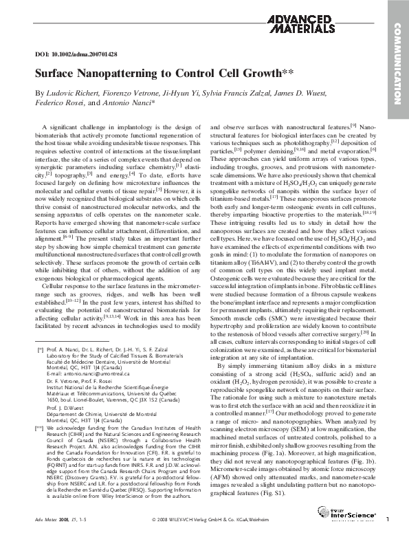 (PDF) Surface nanopatterning to control cell growth
