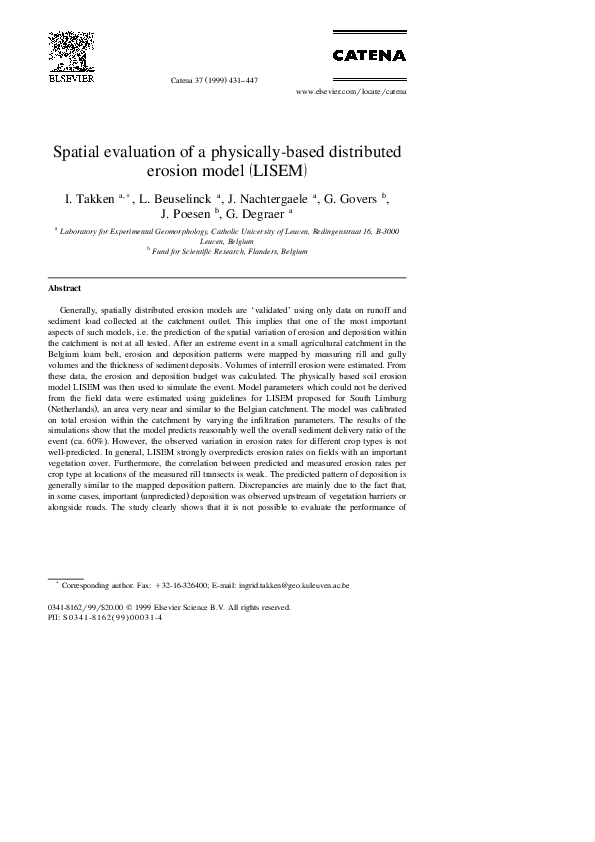 Pdf Spatial Evaluation Of A Physically Based Distributed Erosion