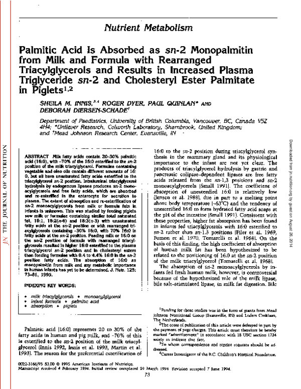 (PDF) Palmitic Acid Is Absorbed as sn-2 Monopalmitin from Milk and ...
