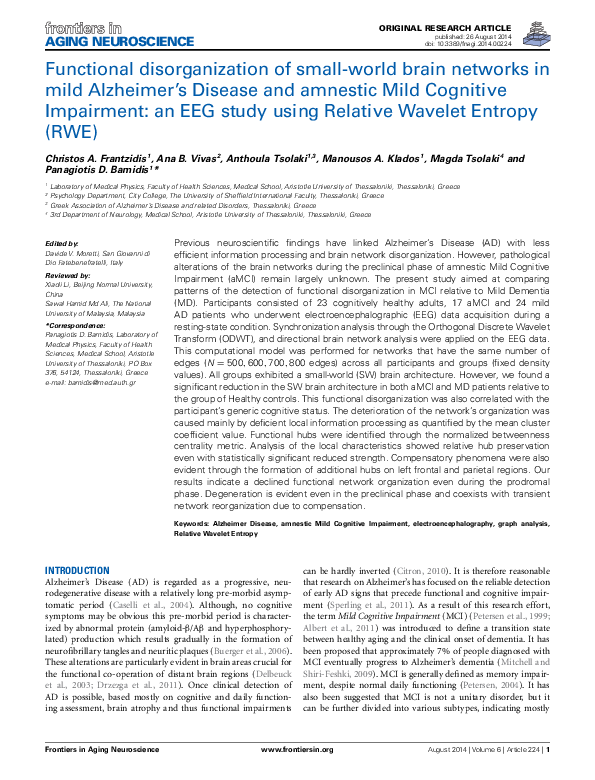 (PDF) Functional disorganization of small-world brain networks in mild Alzheimer’s Disease and ...