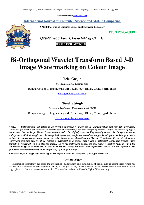 (PDF) Bi-Orthogonal Wavelet Transform Based 3-D Image Watermarking on Colour Image | IJCSMC ...