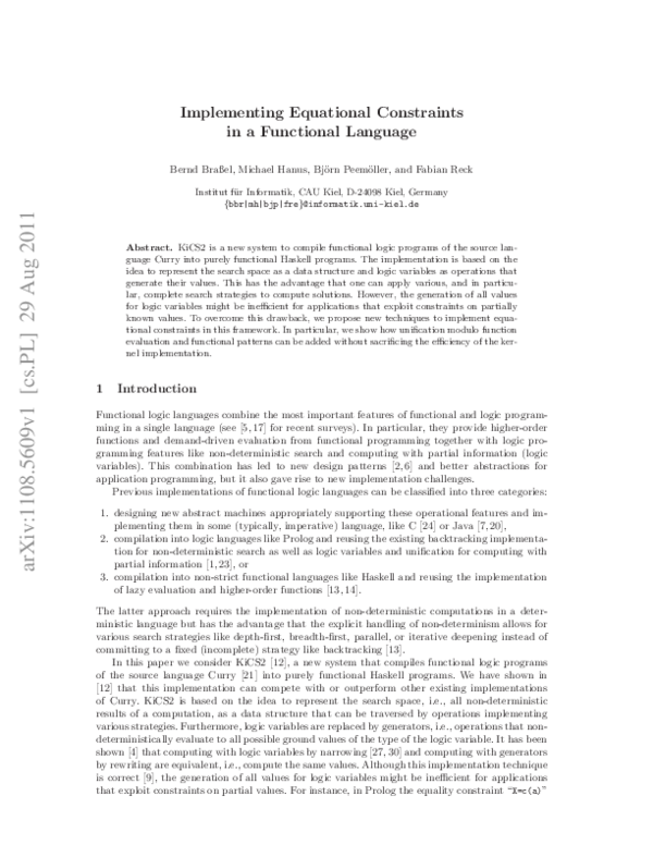 (PDF) Implementing Equational Constraints in a Functional Language