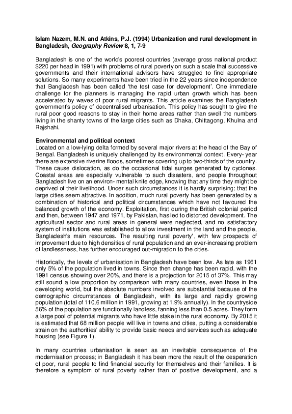 (PDF) Urbanization and rural development in Bangladesh