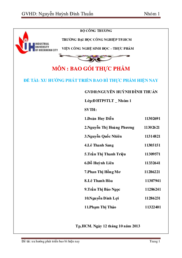 (DOC) MÔN : BAO GÓI TH C PH M GVDH:NGUY N HUỲNH ĐÌNH THU N Ban giám Hi u tr ng ĐH Công Nghi p ...