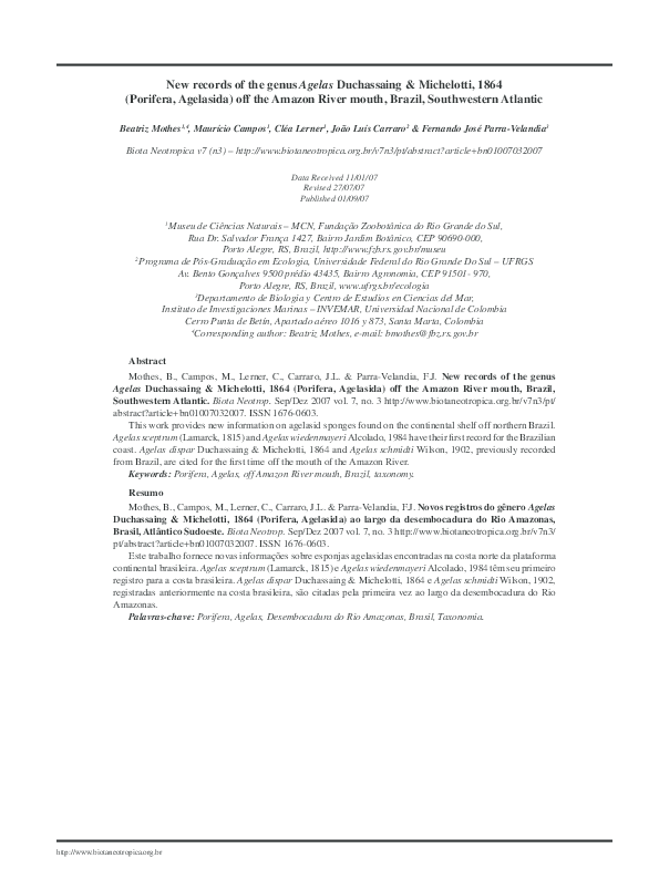 (PDF) New records of the genus Agelas Duchassaing & Michelotti, 1864 ...