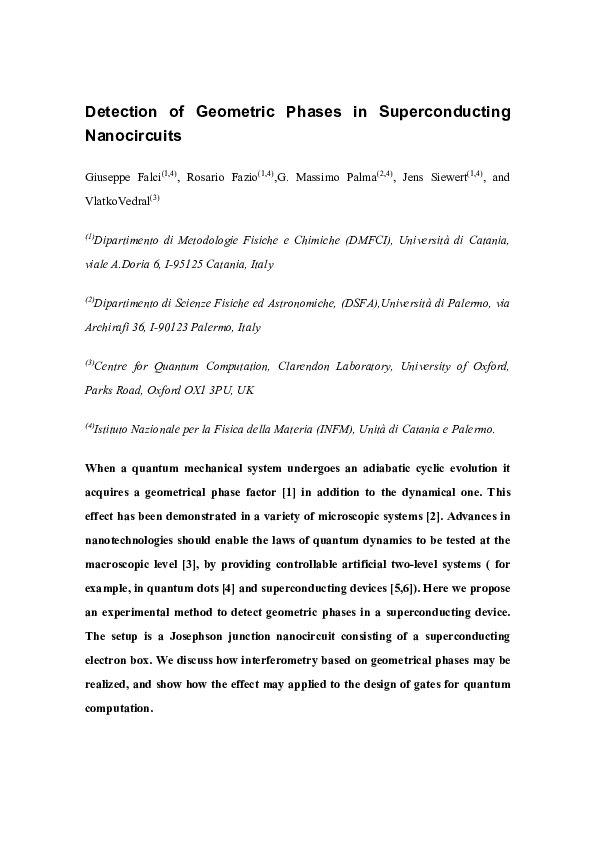 (PDF) Detection of geometric phases in superconducting nanocircuits | Giuseppe Falci - Academia.edu