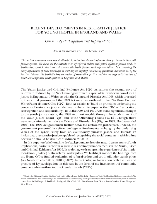 (PDF) Recent Developments in Restorative Justice for Young People in England and Wales ...