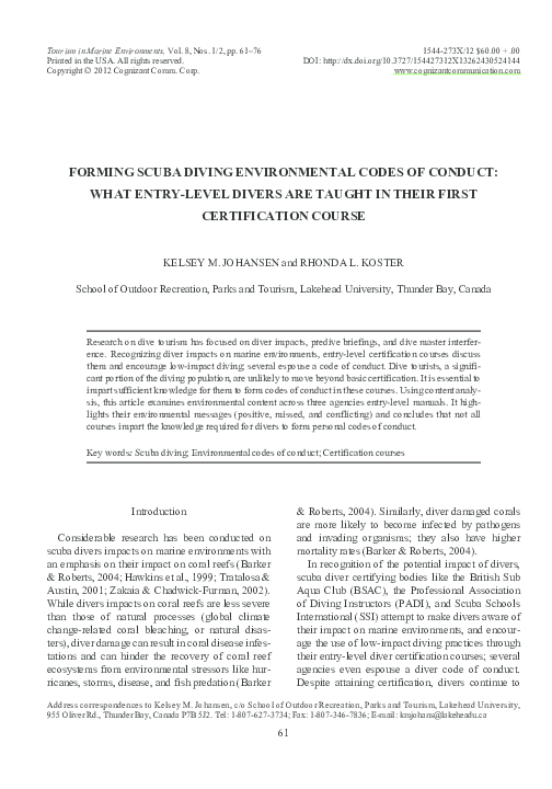 (PDF) Forming SCUBA Diving Environmental Codes of Conduct: What Entry ...