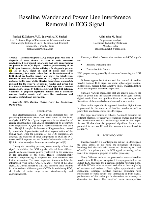 (PDF) Baseline Wander and Power Line Interference Removal in ECG Signal