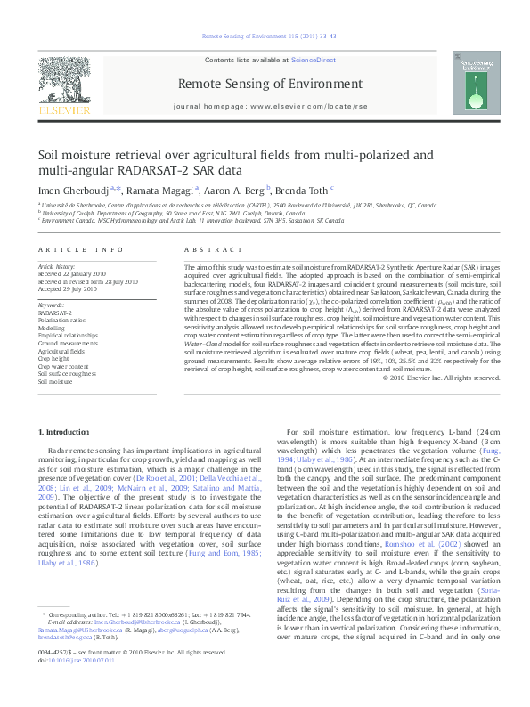 (PDF) Soil moisture retrieval over agricultural fields from multi-polarized and multi-angular ...