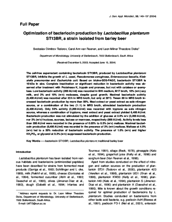 Pdf Optimization Of Bacteriocin Production By Lactobacillus Plantarum
