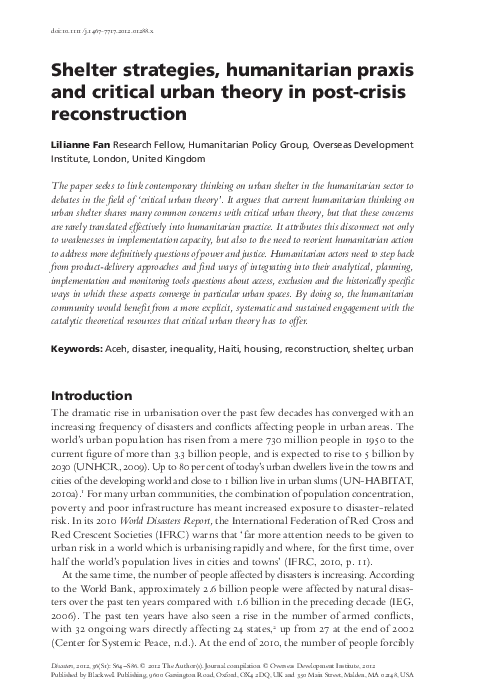 (PDF) Shelter strategies, humanitarian praxis and critical urban theory ...