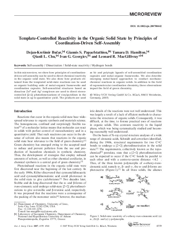 (PDF) Template‐Controlled Reactivity in the Organic Solid State by Principles of Coordination ...
