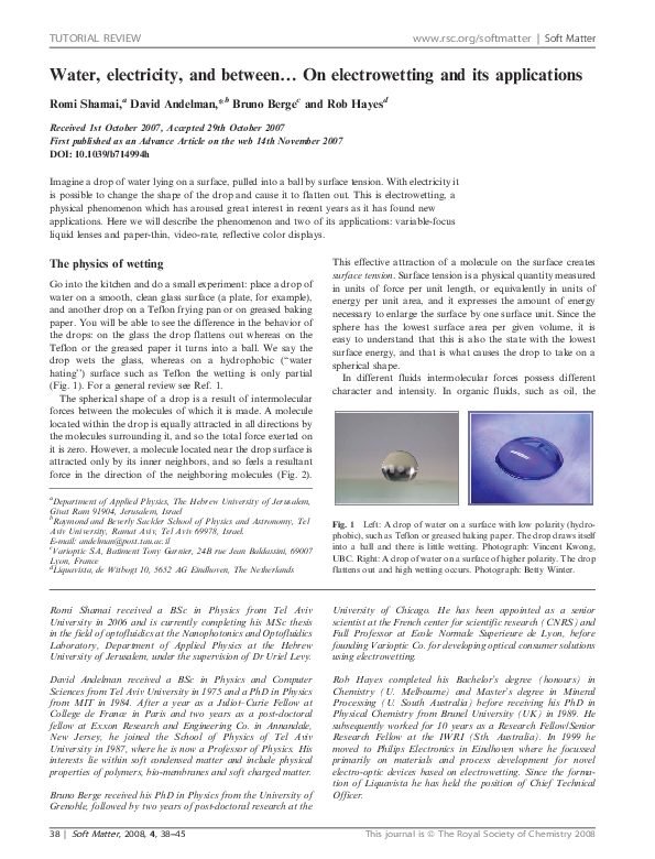 (PDF) Water, electricity, and between… On electrowetting and its applications
