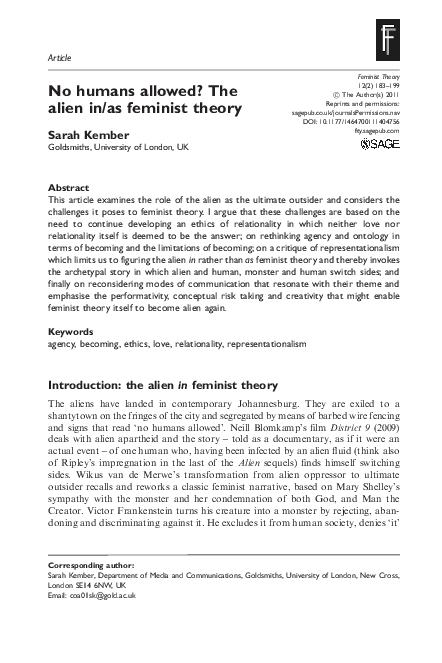 (PDF) No humans allowed? The alien in/as feminist theory