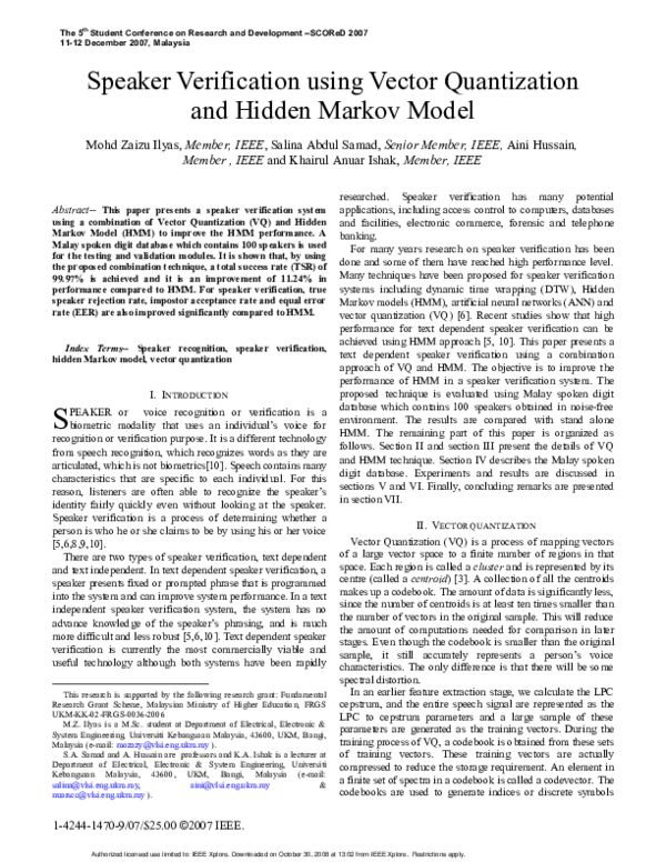 (PDF) Speaker verification using vector quantization and hidden Markov model