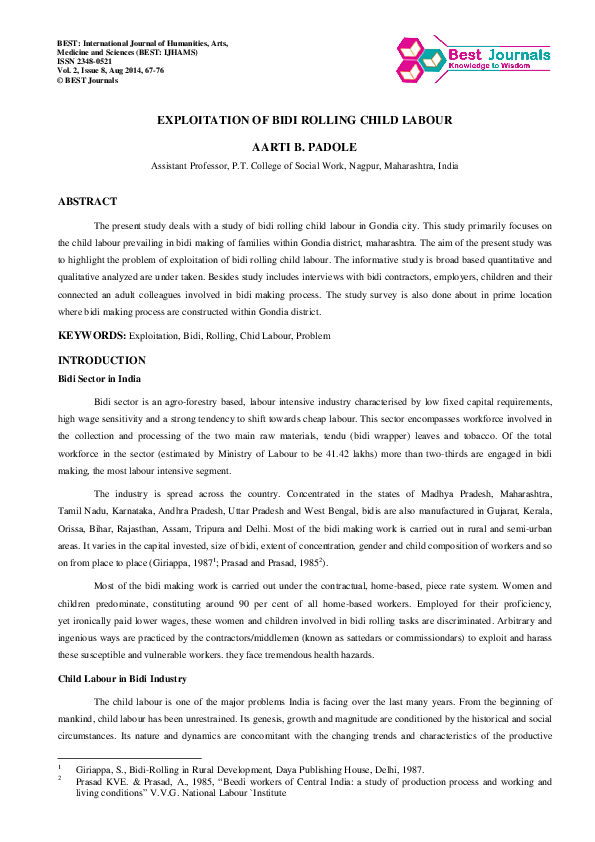 (PDF) EXPLOITATION OF BIDI ROLLING CHILD LABOUR