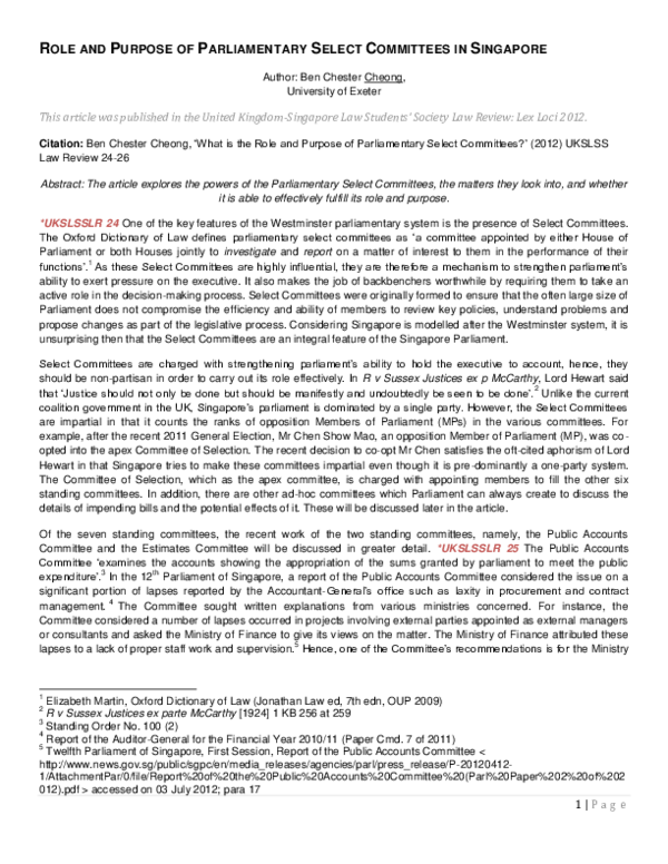 (PDF) Role and Purpose of Parliamentary Select Committees in Singapore