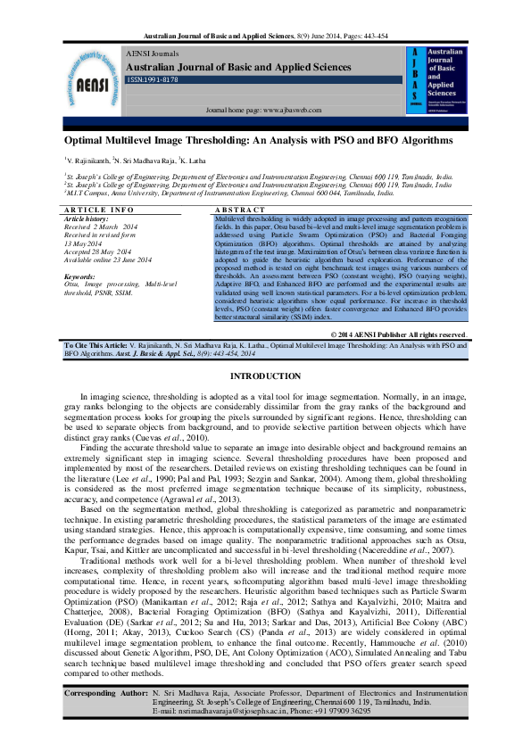 (PDF) Optimal Multilevel Image Thresholding: An Analysis with PSO and BFO Algorithms