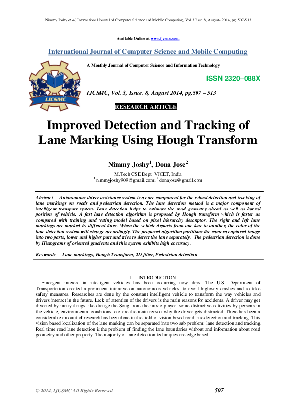 (PDF) Improved Detection and Tracking of Lane Marking Using Hough Transform