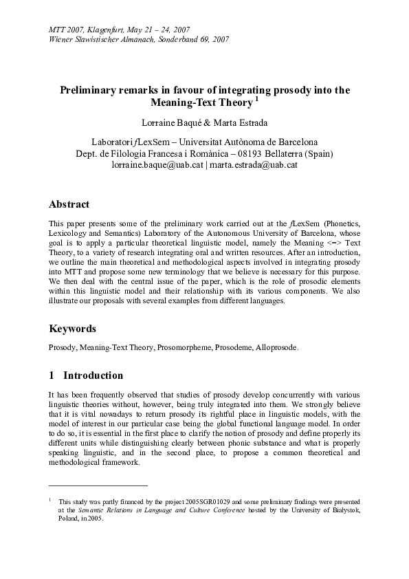 (PDF) Preliminary remarks in favourof integrating prosody into the ...