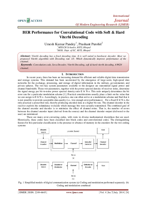 Pdf Ber Performance For Convalutional Code With Soft And Hard Viterbi Decoding