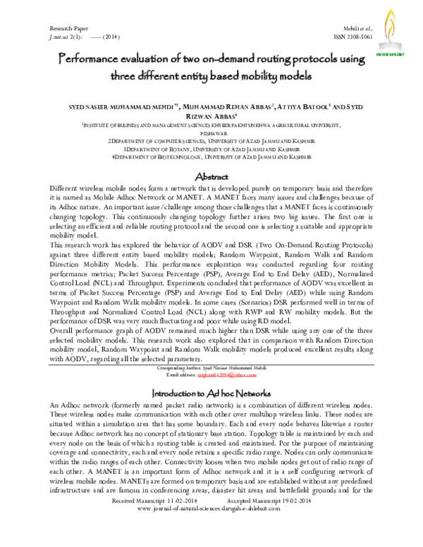 Pdf Performance Evaluation Of Two On Demand Routing Protocols Using