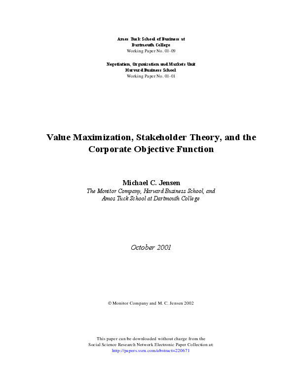 (PDF) Value Maximization, Stakeholder Theory, and the Corporate ...