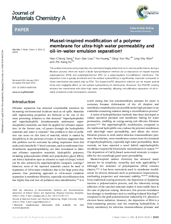 (PDF) Mussel-inspired modification of a polymer membrane for ultra-high ...