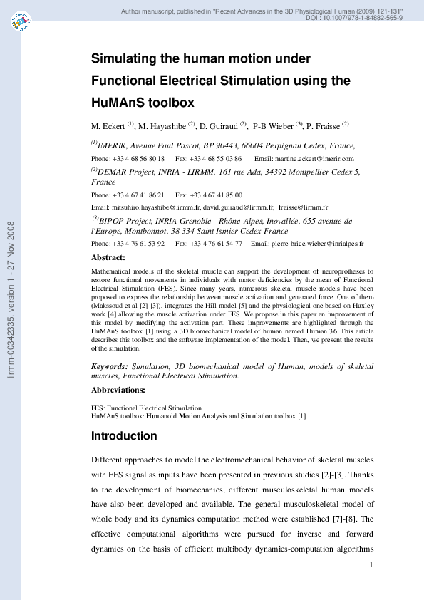 (PDF) Simulating the human motion under Functional Electrical Stimulation using the HuMAnS toolbox