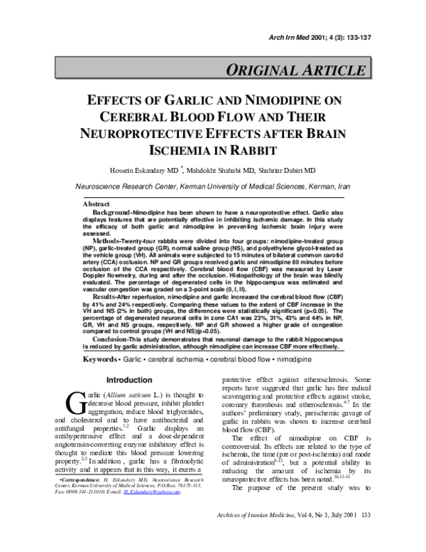 (PDF) EFFECTS OF GARLIC AND NIMODIPINE ON CEREBRAL BLOOD FLOW AND THEIR ...