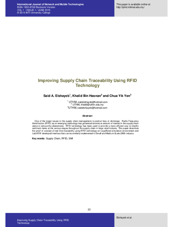 (PDF) Improving Supply Chain Traceability Using RFID Technology