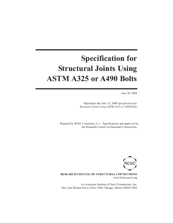 (PDF) Specification for Structural Joints Using ASTM A325 or A490 Bolts