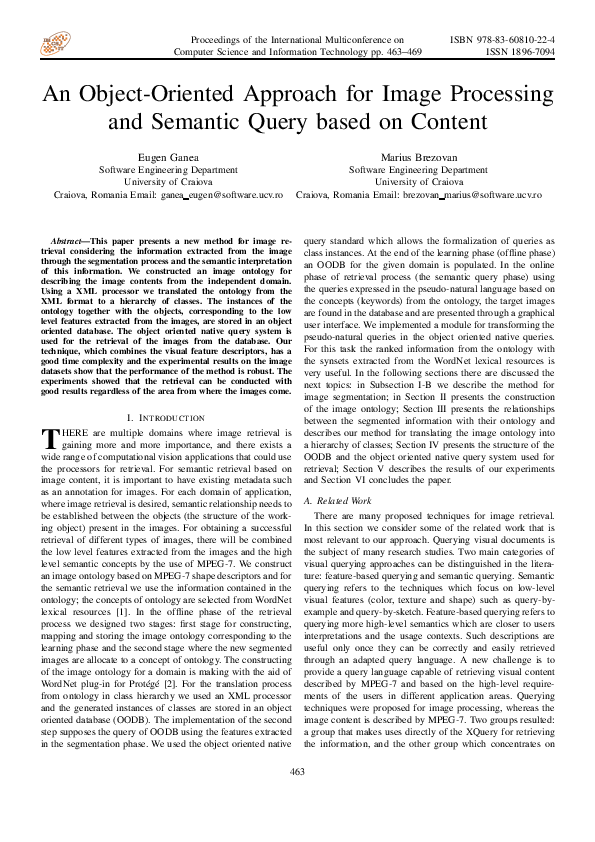 (PDF) An object-oriented approach for image processing and semantic query based on content