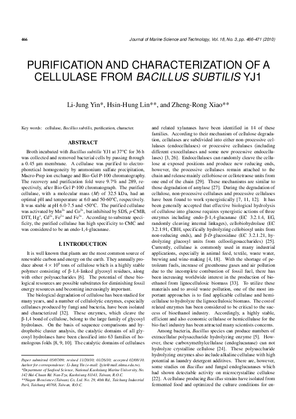 Pdf Purification And Characterization Of A Cellulase From Bacillus Subtilis Yj1