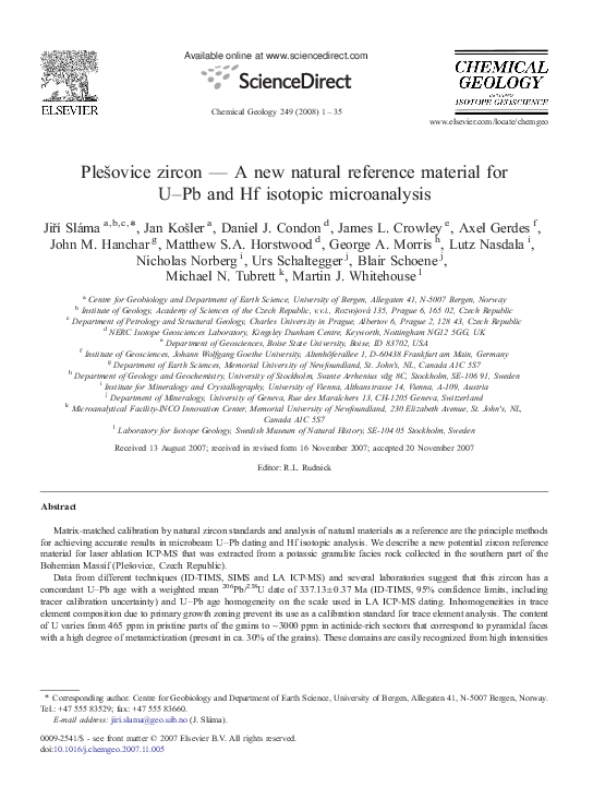 (PDF) Plesovice zircon--A new natural reference material for U-Pb and Hf isotopic microanalysis